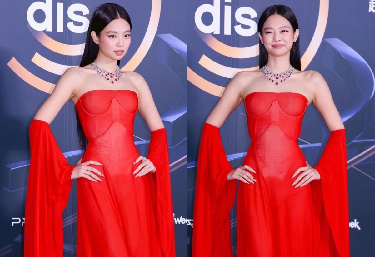 Jennie grabs attention with her striking red dress at the ‘Golden Disc ...